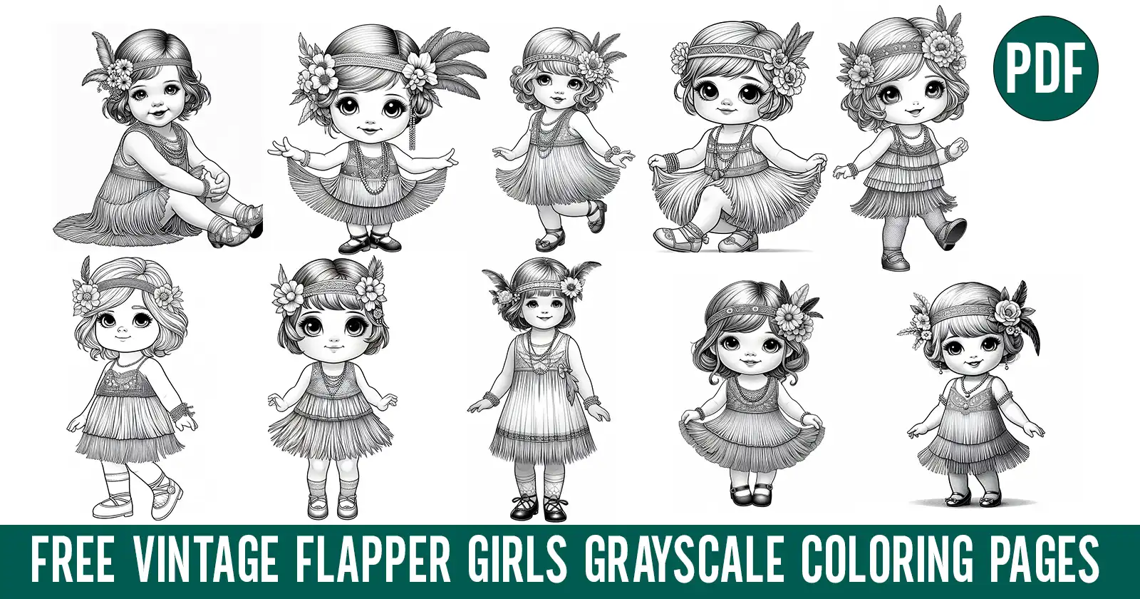 Vintage Flapper Baby Girls Grayscale Coloring Pages PDF
